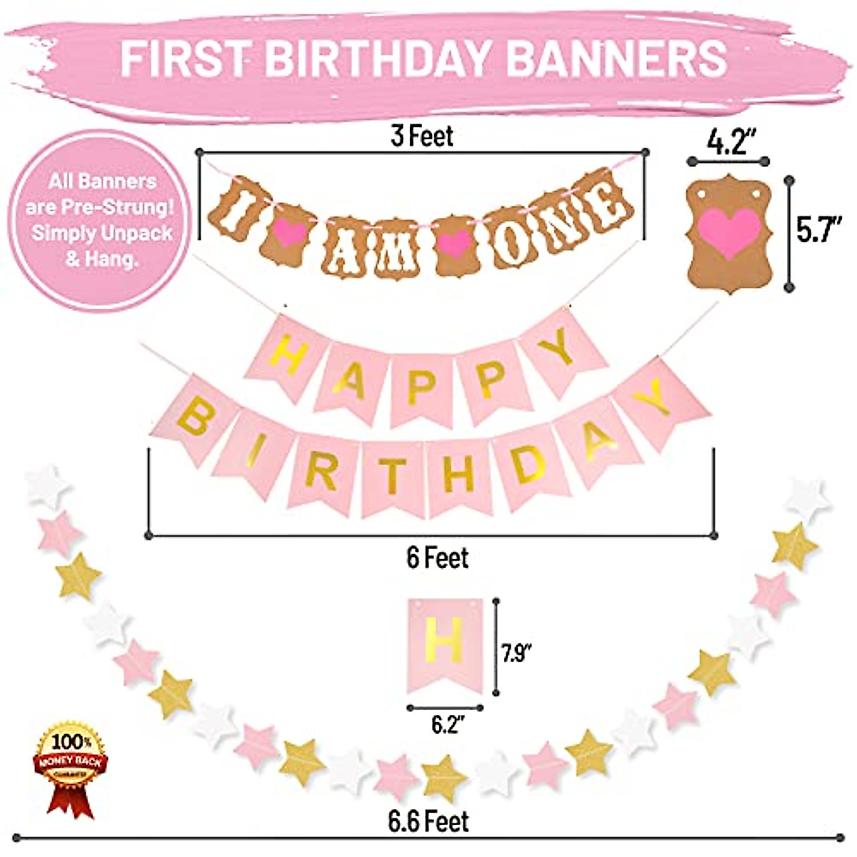 1st Birthday Girl Decorations WITH Birthday Crown- Baby First Birthday Decorations Girl - Pink and Gold Party Supplies - One Balloon, Heart and Confetti Balloons, Happy Birthday Banner ONE Cake Topper