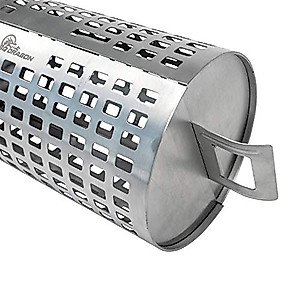 BBQ Dragon | Rolling Grill Basket | Food Grade Stainless Steel Grilling Basket | 13.5”x5.6” Cylinder | Vegetables, Shrimp, Fish, Chicken Wings | Snap Close Lid | Dishwasher Safe | Grilling Accessory