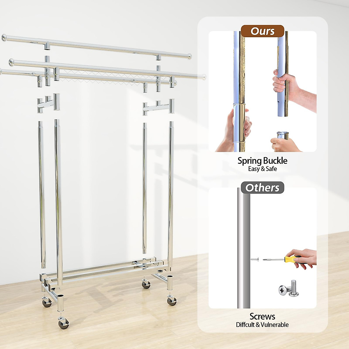 mahumahu Heavy Duty Clothes Rack Load 700LBS, Garment Rack with 4 Rolling Wheels - Stainless Steel Clothing Rack for Hanging Clothes, Chrome
