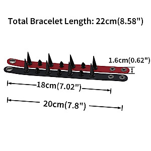 FM FM42 Women Red PU Simulated Leather Black-tone Long and Short Rivets Spike Spiked Punk Gothic Adjustable Bracelet, Pack of 2