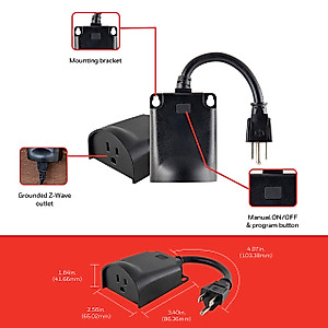Honeywell 39363-CS2 UltraPro Z-Wave Plus Outdoor Plug-in Switch, Weather-Resistant, 1 Grounded Outlet, 39363, Black