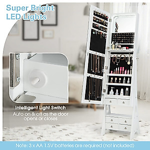 GOFLAME Jewelry Cabinet Freestanding, LED Lighted Jewelry Armoire with Full-length Frameless Mirror, Foldable shelf, 6 Drawers, Lockable Mirrored Jewelry Cabinet with 3 Adjustable Angle (White)