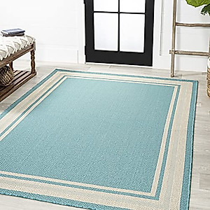 JONATHAN Y SMB201B-5 James Modern Border Stripe Indoor Outdoor Farmhouse Transitional Area Rug,High Traffic,Kitchen,Living Room,Backyard,Non Shedding,5 X 8,Aqua/Beige