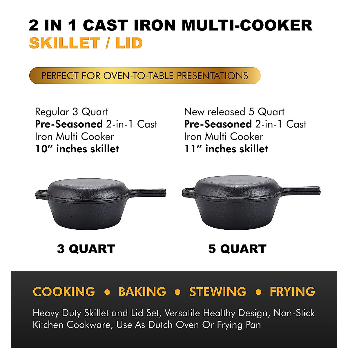 Bruntmor 2-in-1 Pre-seasoned Cast Iron Dutch Oven and Skillet Set -5 Quart Black Cookware with Handles - Dutch Oven with Lid - Enameled Cast Iron Cookware for Braising, Frying, Camping, and Indoor Use