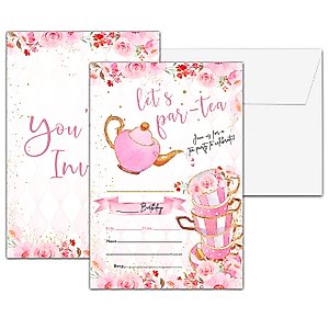 Chuxvon Tea Birthday Party Invitations, Blush Pink Floral Birthday Invitation, Double-Sided Fill In Invites, Garden Birthday Party Decorations, 20 Cards With 20 Envelopes(D11)