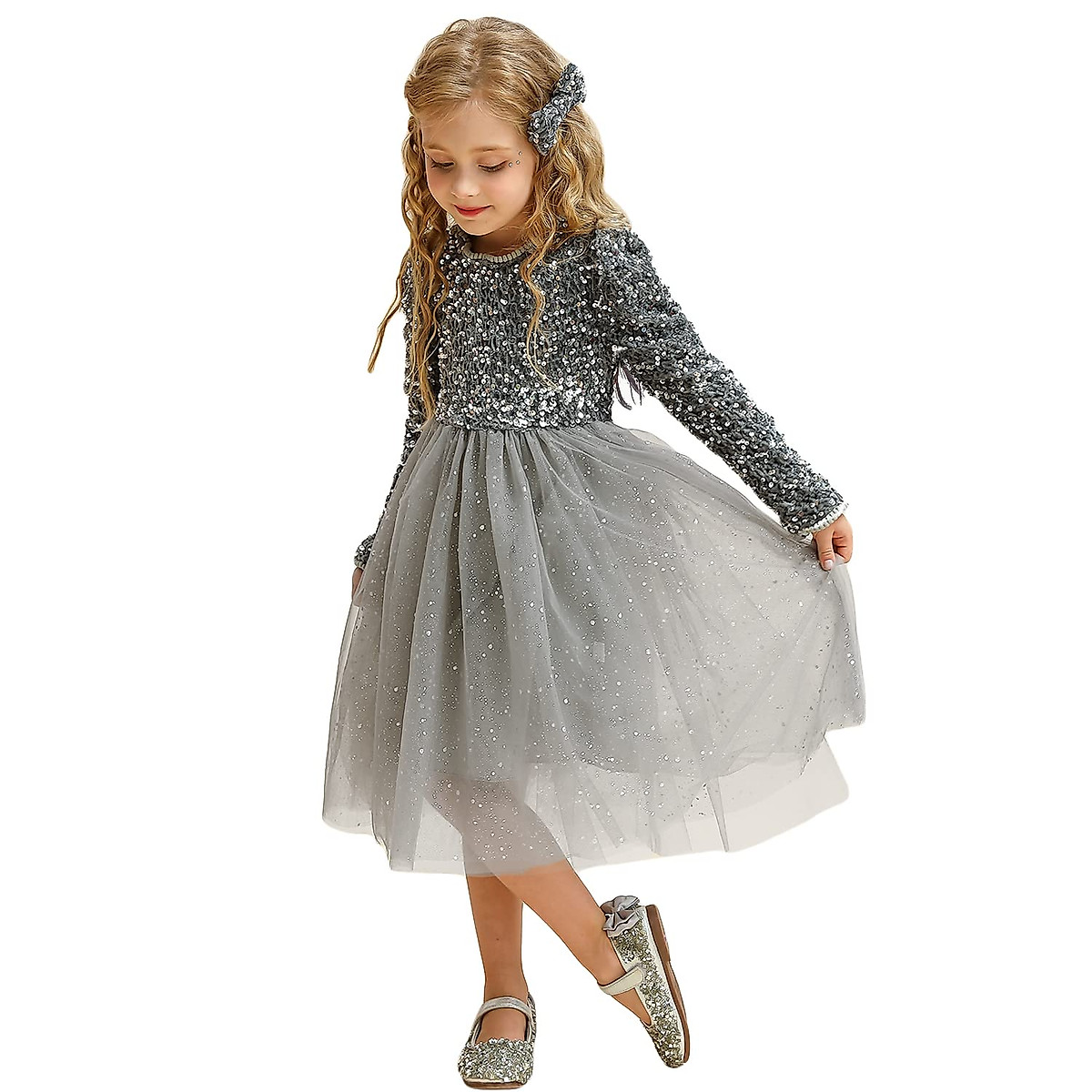 TTYAOVO Girls Sequins Long Sleeve Princess Party Dress Size 120 (4-5 Years) 1908 Grey-a