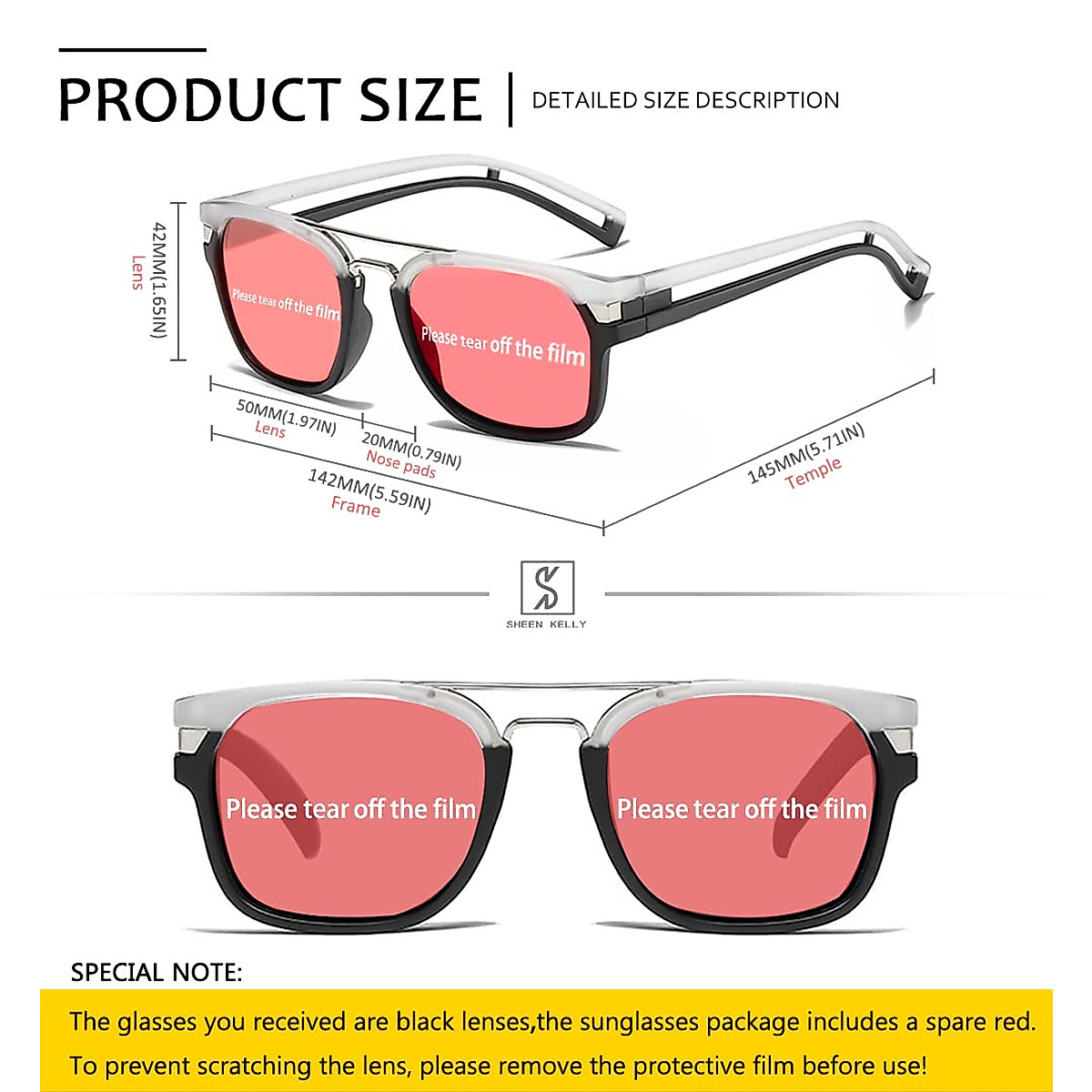 SHEEN KELLY Polarized Square Sunglasses for Men Women Retro Rectangular TR90 Frame Red Pink Tinted Lens Eyewear