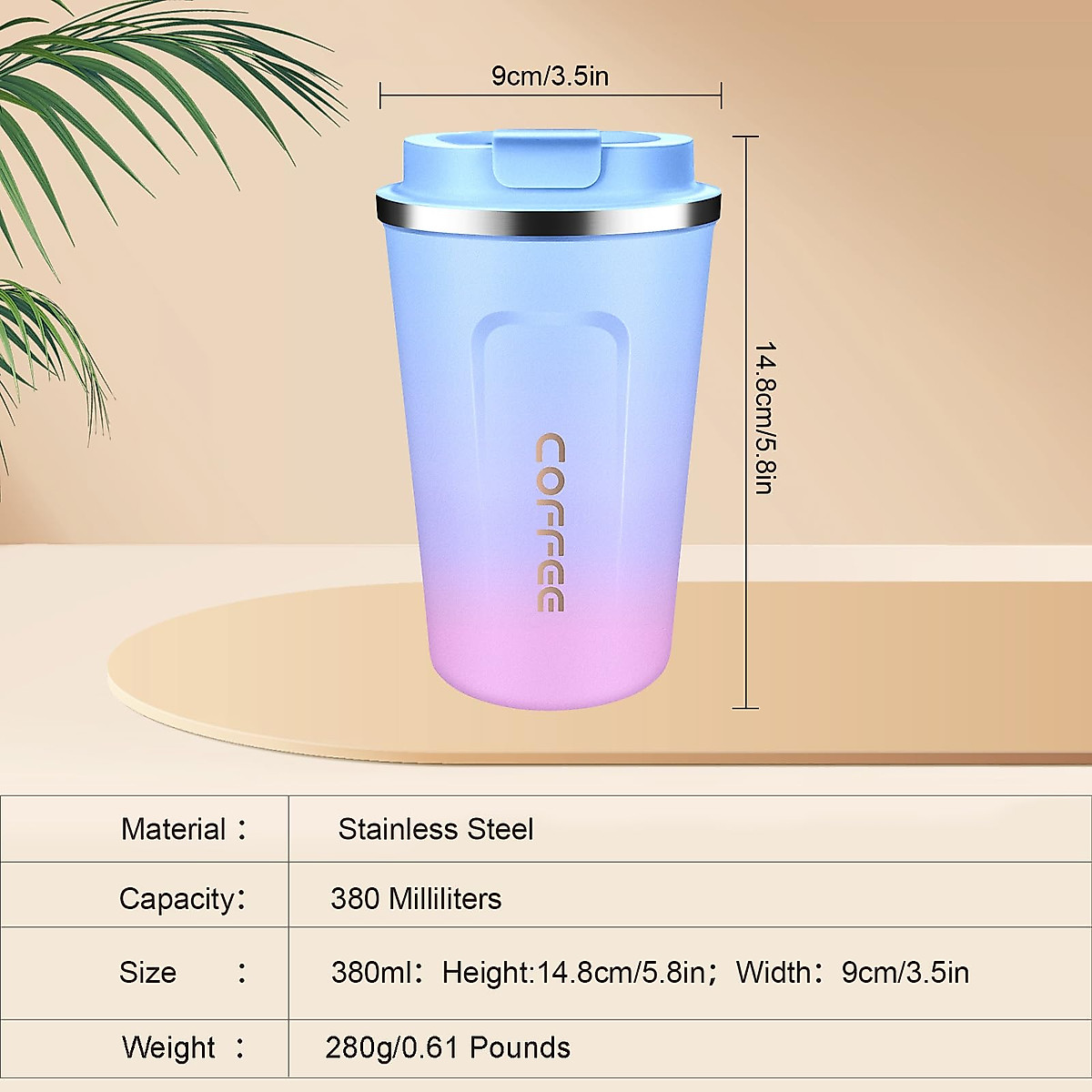 JTRYEMU Travel coffee mug 12 oz Insulated Coffee cup with lid reusable Leak proof Coffee Tumbler Stainless Steel Vacuum Gradient Colorful Thermos cup Thermal Keeps Cold and Hot for Coffee/Tea
