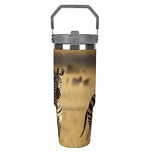 BWQJKUO Large Capacity Car Cup 30 Oz Stainless Steel Zebras in The Grass of The Savanna Printed Travel Mug Leak-proof Flip Straw Tumbler with Handle,keeps Cold Or Ho