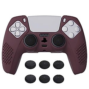 eXtremeRate PlayVital Wine Red 3D Studded Edition Anti-Slip Silicone Cover Skin for ps5 Controller, Soft Rubber Case for ps5 Wireless Controller with 6 Black Thumb Grip Caps