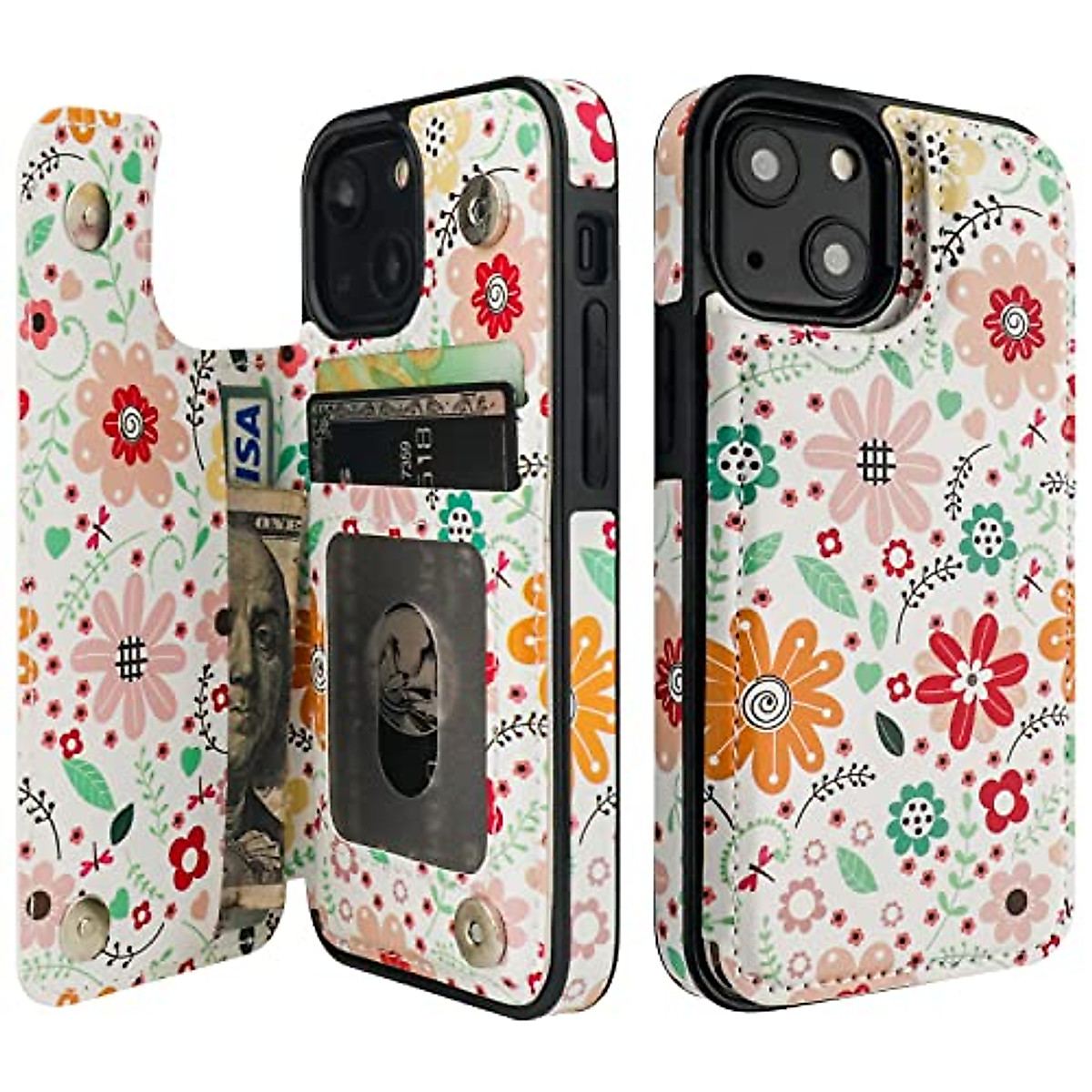 HAOPINSH for iPhone 13 Mini Case Wallet with Card Holder, Daisy Florals Pattern Back Flip Folio PU Leather Kickstand Card Slots Case for Women Girls, Double Magnetic Clasp Shockproof Cover 5.4"