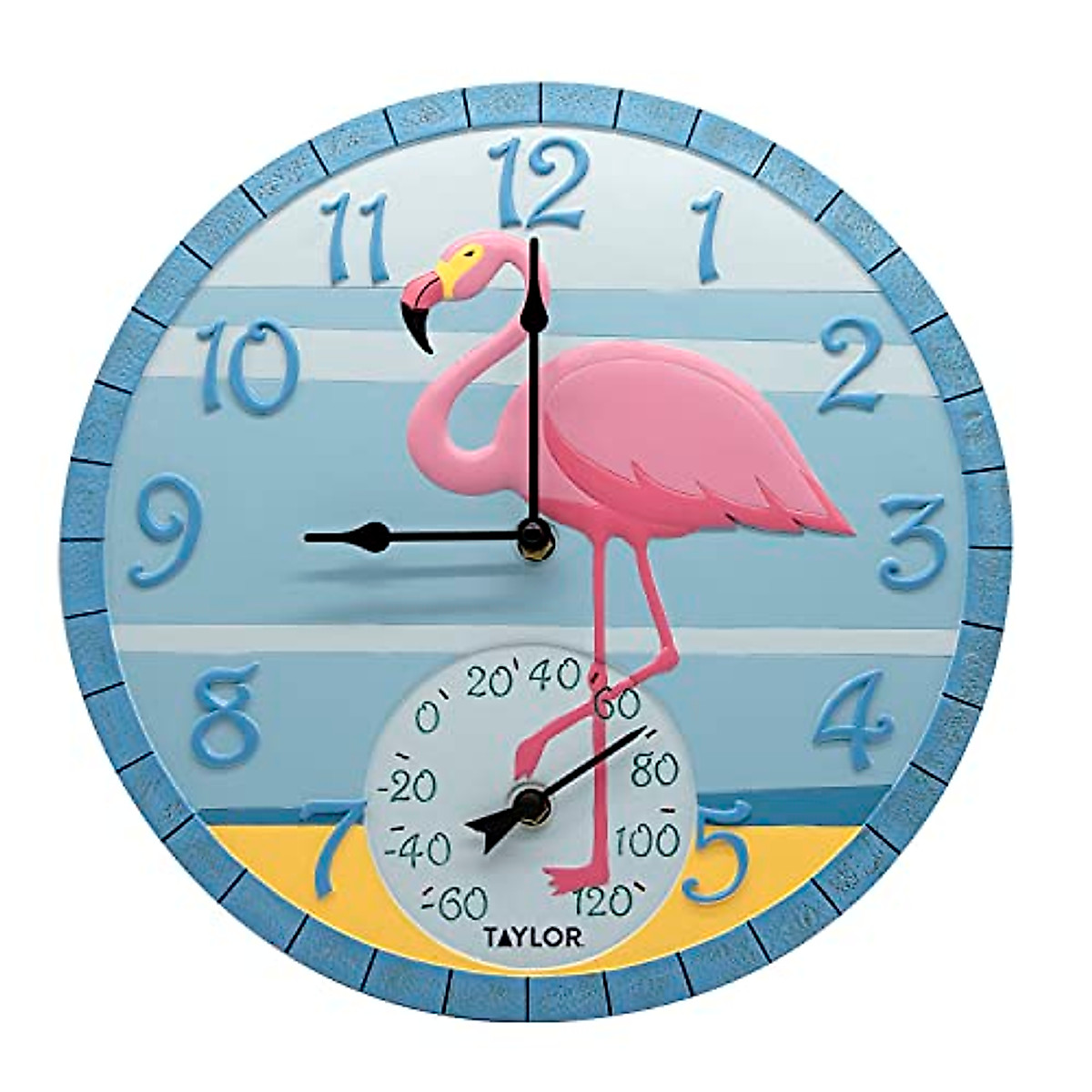 Taylor Flamingo Poly Resin Indoor and Outdoor Clock and Thermometer, 14 Inch, Multi-Color