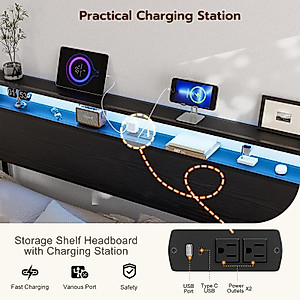 IKIFLY California King Size Storage Headboard with LED Lights & Charging Station - Industrial Metal and Wood Cal King Headboard Only for Bedroom, Attach Frame, Easy Assembly - Black