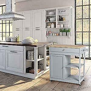 Glitzhome Kitchen Island with Storage Kitchen Cart on Wheels Rolling Kitchen Cart Island Table with Tower Holder Spice Rack Drawer for Dining Room Kitchen, 34.25”H, Gray