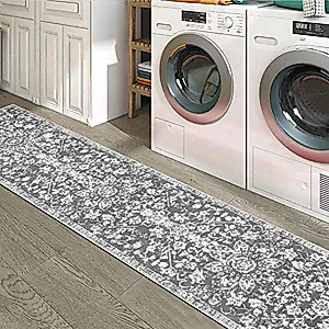 Pauwer Vintage Distressed Runner Rug, Washable Long Area Rug, Medallion Carpet Runner for Laundry Room Kitchen Floor Hallways Bedroom (Grey, 1.7'X10' Ft)