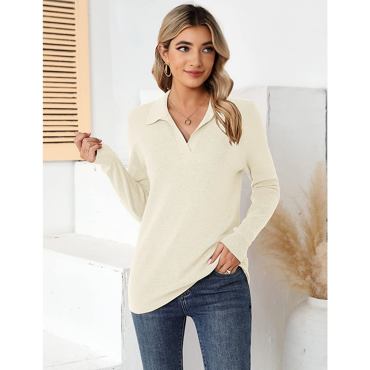 Romanstii Women's Knitted Polo Sweaters Long Sleeve V Neck Collared Shirts Winter Pullover Tops,Beige,L
