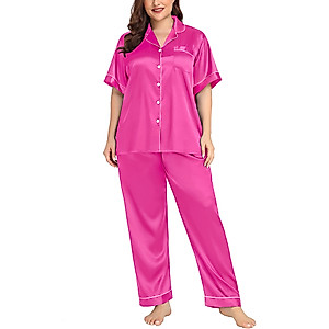 SWOMOG Satin Pjs for Women Plus Size Pj Set Summer Pajamas Smooth and Soft Pajama Set Comfy Nightwear 24W Rose Red