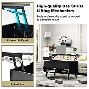 Tangkula Lift Top Coffee Table, Modern Cocktail Table with Hidden Compartment & 2 Open Shelves, Flip Top Center Table, Wooden Pull up Coffee Table for Living Room, Reception Room, Office (Black)