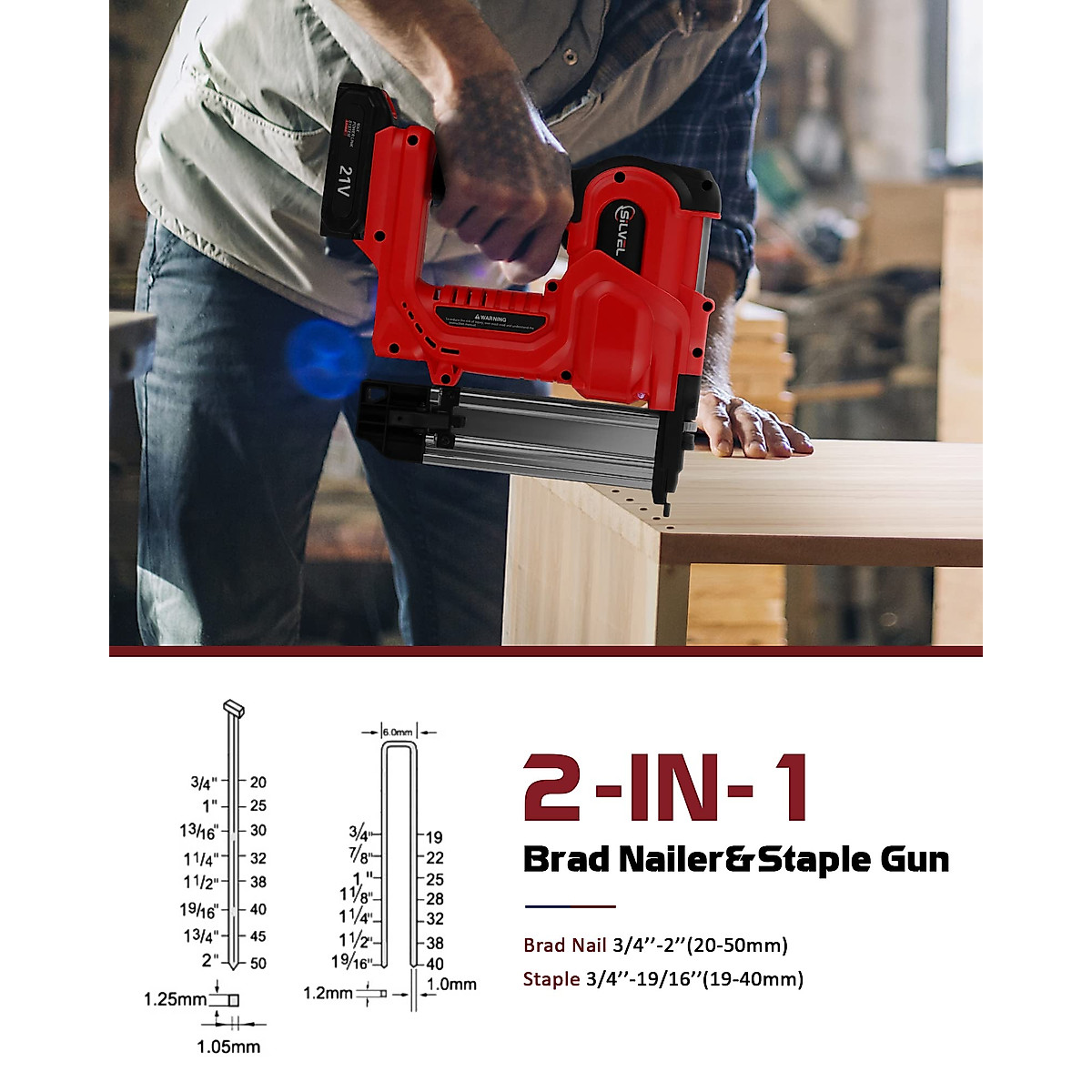 SILVEL 20V Cordless Stapler/Nail, 18GA Nails/Staple, 2 in 1 Cordless Nail Gun, Cordless Brad Nailer with 2.0A Lithium-Ion Battery, Single or Contact Firing for Woodworking,Home Improvement, Pink