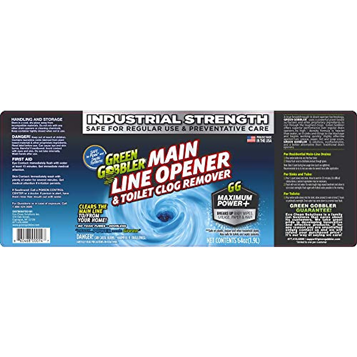 Green Gobbler Ultimate Main Drain Opener | Drain Cleaner Hair Clog Remover | Works On Main Lines, Sinks, Tubs, Toilets, Showers, Kitchen Sinks | 64 fl. oz.