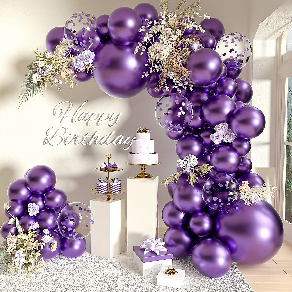 SUWEN Metallic Purple Balloons and Confetti Balloons 18/12/10/5Inch Different Sizes 60PCS Set Shiny Latex Helium Dark Purple Balloon for Birthday Party Graduation Anniversary Decorations