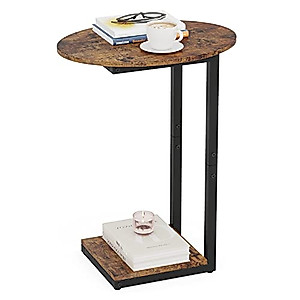 Small Side Table C Table End Table - Small Wood Coffee Table TV Tray for Eating Couch Tables That Slide Under, Modern C Shaped Side Table for Small Space, Oval Table Top Design, Rustic Brown