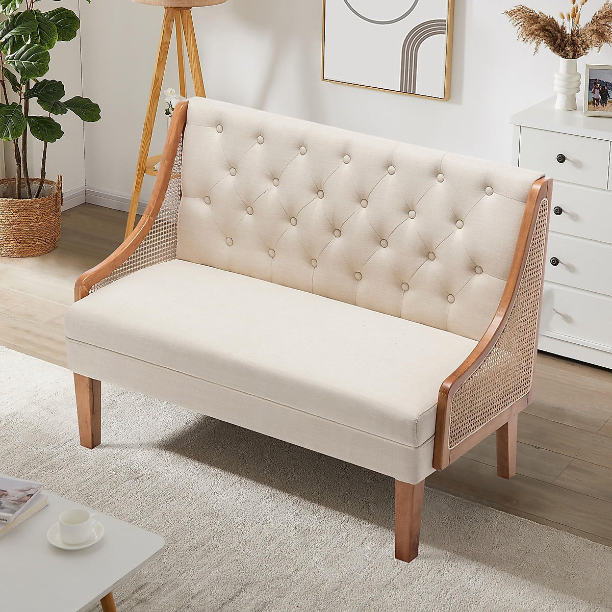 Yongqiang Modern Settee with Back Small Loveseat Sofa Rattan Upholstered Dining Banquette Seating for Kitchen Dining Room Living Room Linen Button Tufted Mini Couch