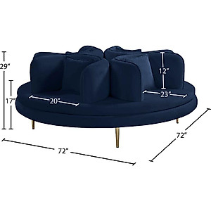 Meridian Furniture 627Navy Circlet Collection Modern | Contemporary Velvet Upholstered Roundabout Sofa with Sturdy Gold Iron Legs, 72" W x 72" D x 29" H, Navy