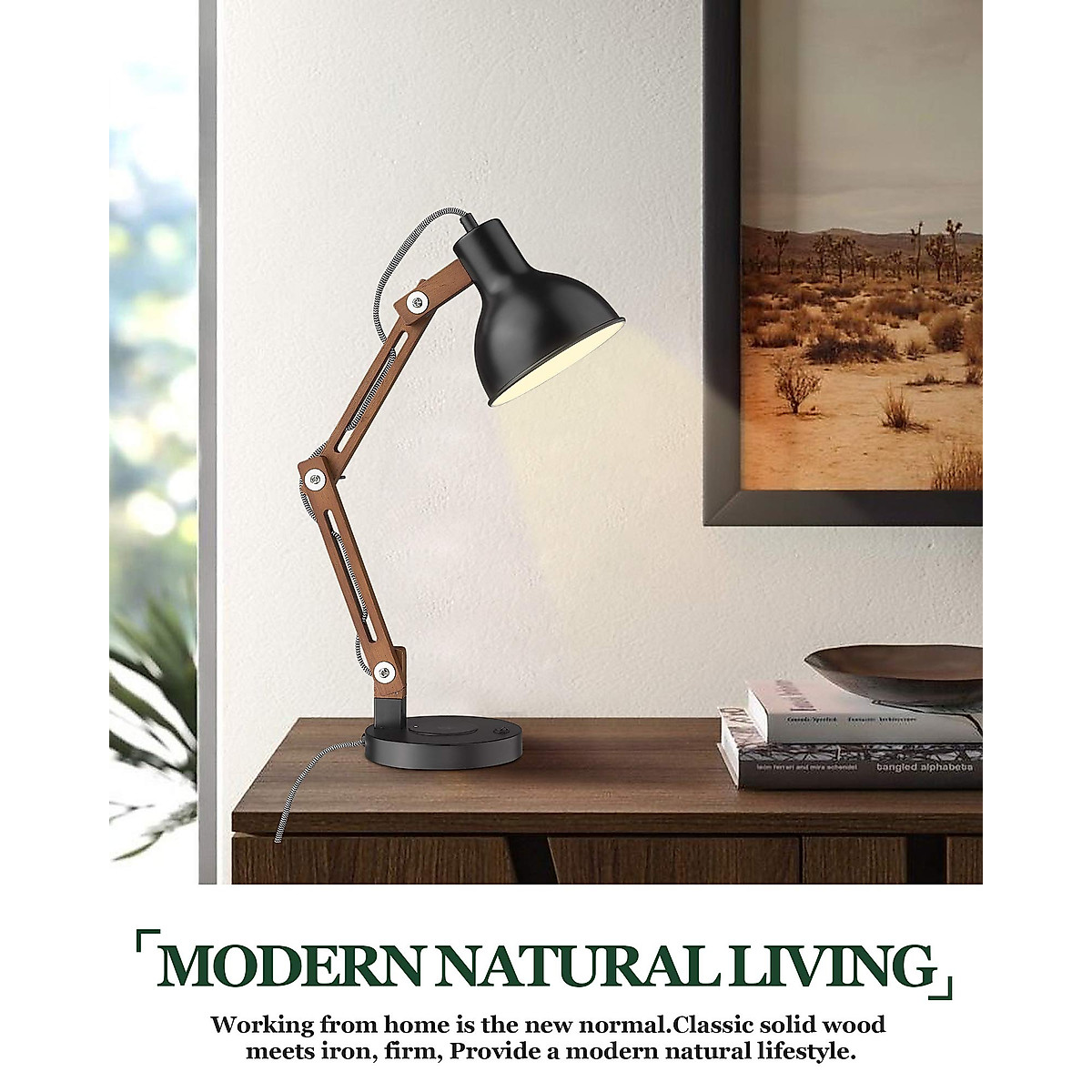 ELYONA LED Sapele Wood Desk Lamp with Upgraded Wireless Charger & USB C Charging Port Modern Table Lamp Swing Arm Bedside Reading Task Light for Dorm Office Bedroom Living Room Bulb Included Black