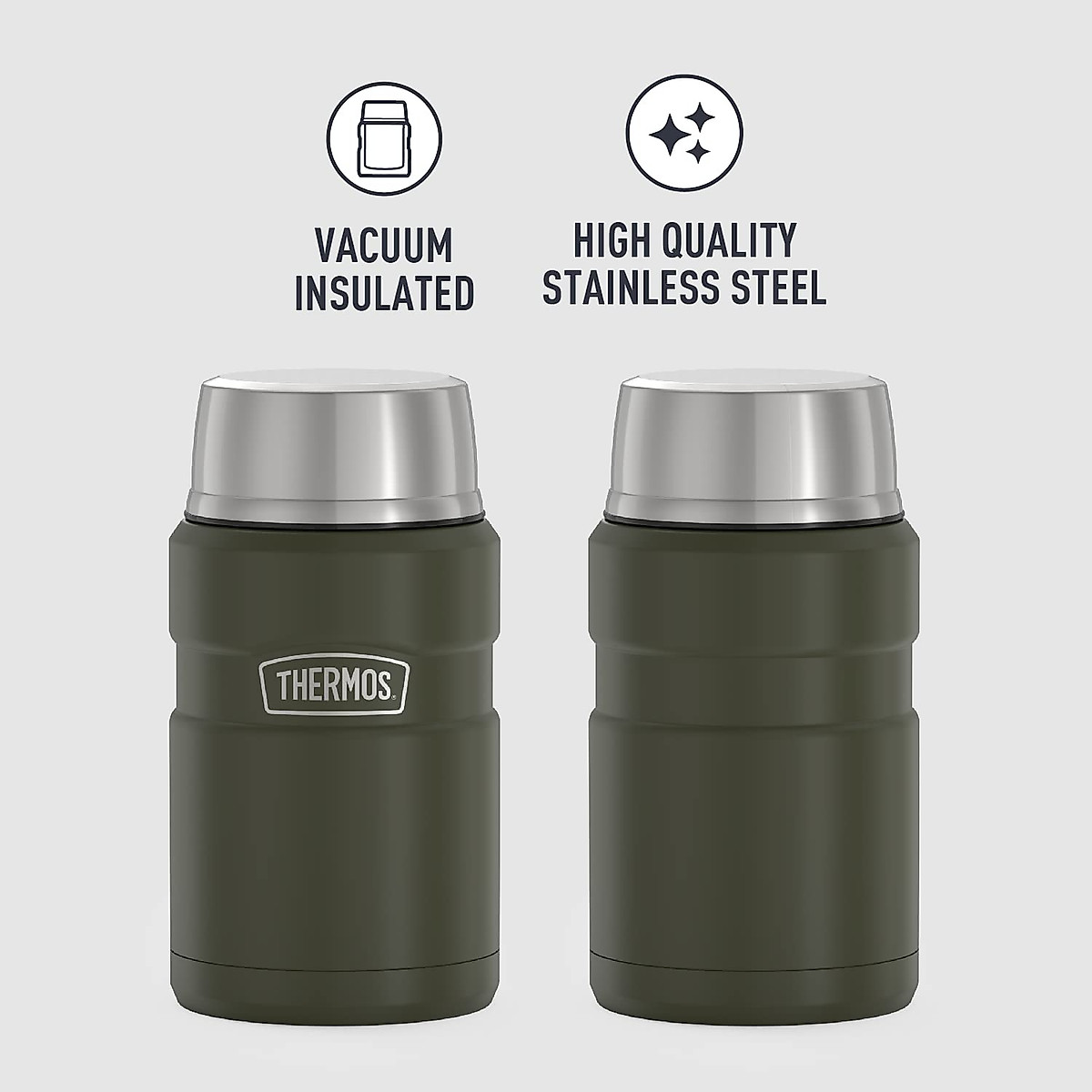 THERMOS Stainless King Vacuum-Insulated Food Jars, 16 Ounce and 24 Ounce, Matte Steel and Army Green