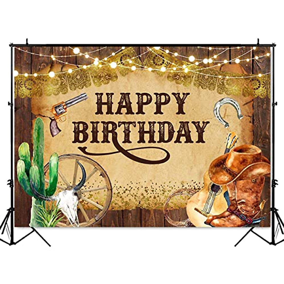 Mocsicka Western Cowboy Happy Birthday Backdrop Rustic Old West Rodeo Cowboy Background Brown Rustic Wood Kids Birthday Party Decoration Banner Cowboy Party Decorations (7x5ft (82x60 inch))