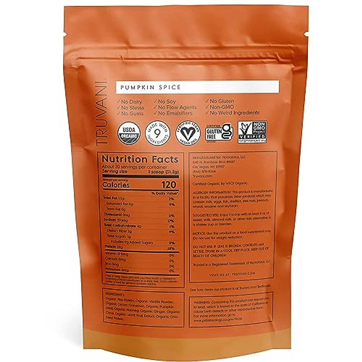 Truvani Vegan Pea Protein Powder | Pumpkin Spice | 20g Organic Plant Based Protein | 20 Servings | Keto | Gluten & Dairy Free | Low Carb | No Added Sugar