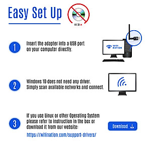 WiFi Nation® 802.11ac AC600 Fast USB WiFi Adapter, Wireless dongle with 2dBi dipole SMA Antenna, chipset: Realtek RTL8811AU, Dual Band 2.4GHz or 5GHz, Windows, MacOS and Linux Supported