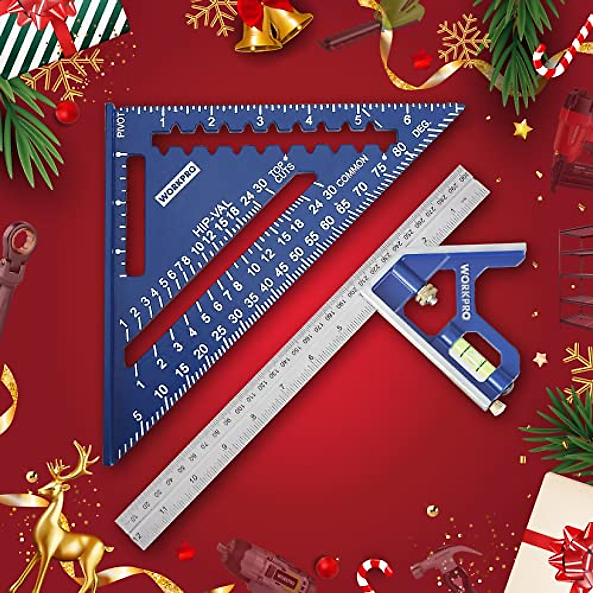 WORKPRO Aluminum Alloy Carpenter Square and Zinc-Alloy Square Ruler Set - 7 in. Rafter Layout Tool and 12 in. Combination Square Combo