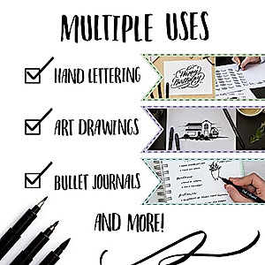 Craft 'n' Beyond Calligraphy Brush Pens Pack of 3 Small, Medium and Large Markers for Hand Lettering, Art Drawing, Sketching, Scrapbooking, Journaling - Beginner Kit with Fadeproof Black Ink