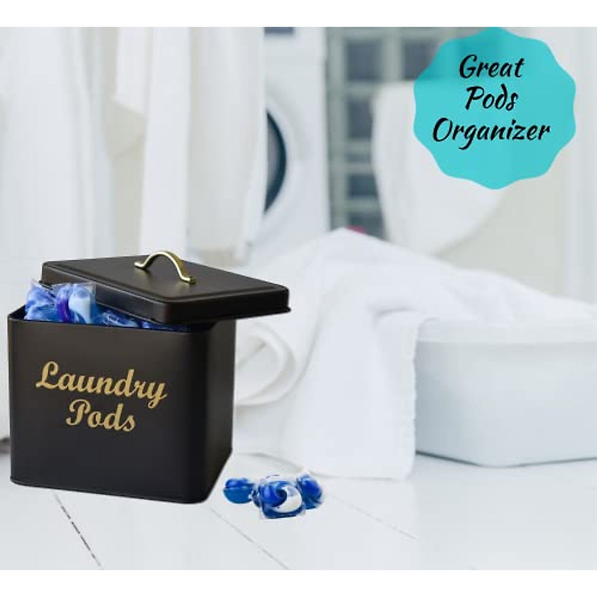Laundry Pods Container with Lid - Farmhouse Laundry Pod Holder for Laundry Room, Black Laundry Pods Storage Container for Laundry Room Décor and Organization