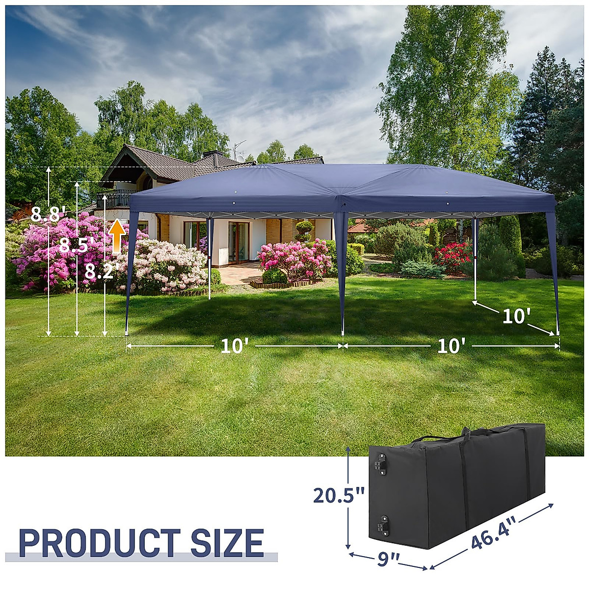 10x20 Ft Easy Pop up Canopy, Waterproof Party Tent, Adjustable Height Outdoor Gazebo w/ 6 Removable Sidewalls & 4 Windows for Patio Backyard Porch Garden Beach, Carry Bag Included (Blue)