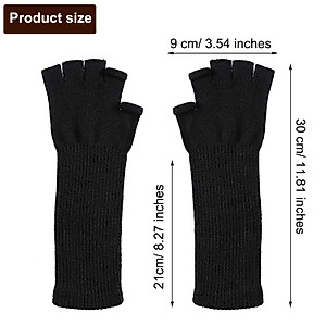 2 Pairs Winter Fingerless Gloves Long Thermal Knitted Mittens Stretchy Arm Warmers Half Finger Gloves for Men Women, 11 Inch (Black, Light Gray)