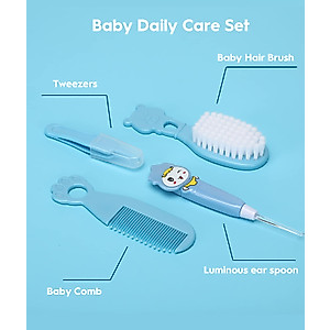 Baby Healthcare and Grooming Kit, Safety Newborn Nursery Baby Care Kit, with Hair Brush Comb, Nail Clipper, Thermometer, Pacifier Clip, Baby Registry Search, Newborn Essentials Girls Boys (Blue)