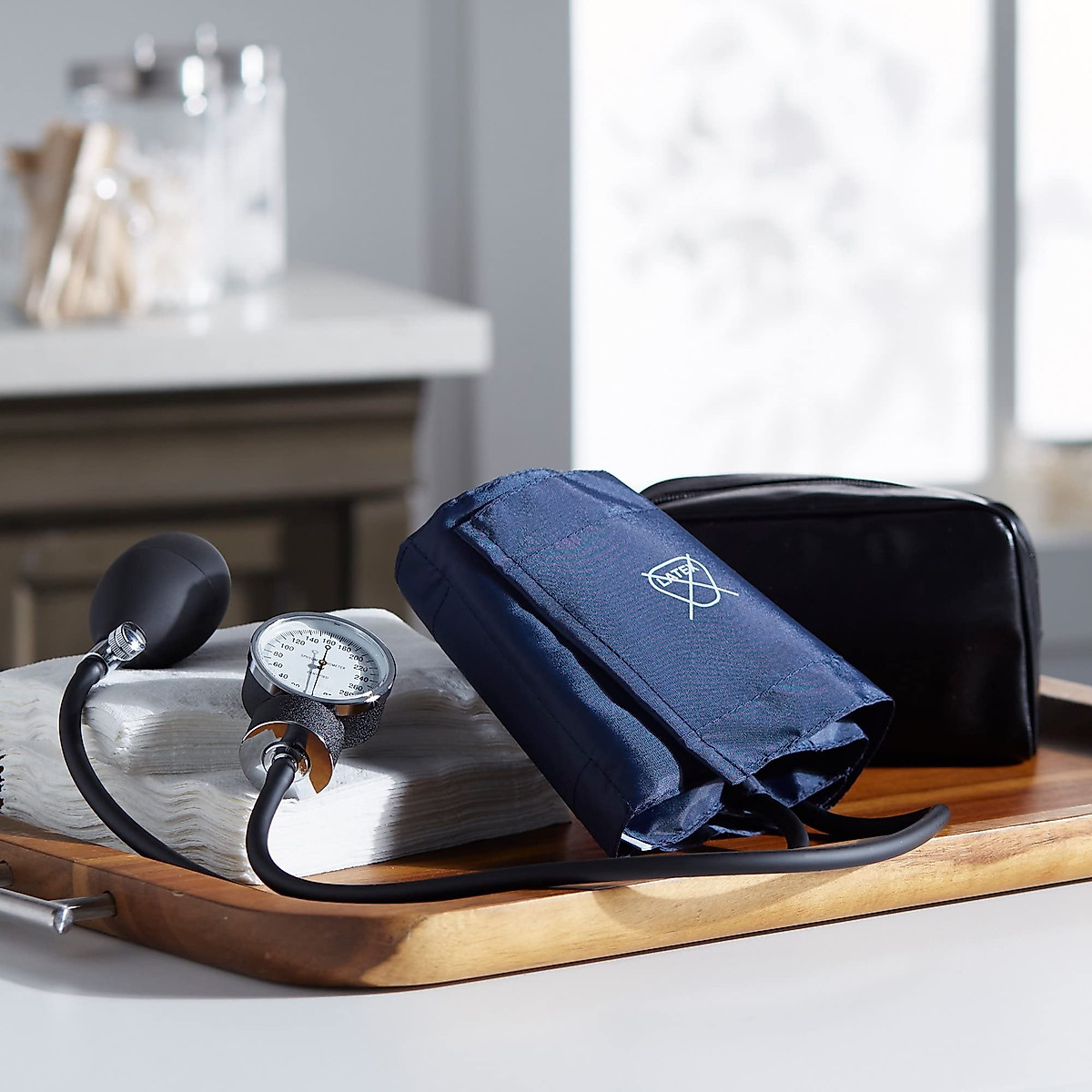 McKesson Basic Pocket Aneroid Sphygmomanometer - Blood Pressure Gauge and Cuff, 2 Tubes, for Adults, Navy Blue - Large Cuff, 23 cm to 40 cm, 21.6 in Long Tubes, 1 Count