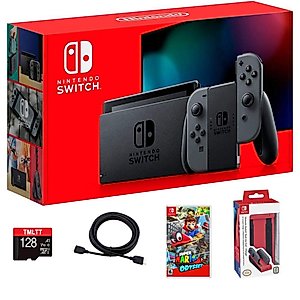 Nintendo 2020 Premium Switch 32GB Console Family Essential Bundle - Gray Joy-Con, Super Mario Odyssey, Red Dual Joy-Con Charger, TMLTT 128GB MicroSD Card, HDMI Cable