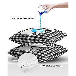 Outdoor Waterproof Throw Pillow Covers 2 Pack Rabbit Easter Bunny Point Bow Square Couch Sofa Cushion Cases White Black Checker Pillowcase Shell for Patio Garden Home Decoration