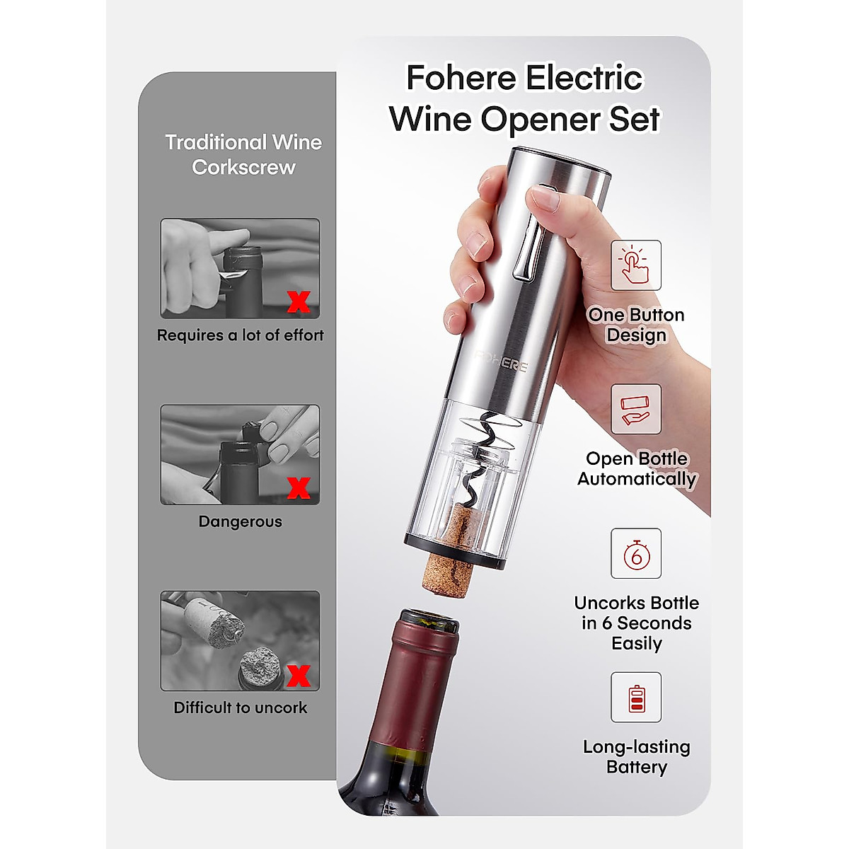 FOHERE Electric Wine Opener, Automatic Electric Wine Bottle Corkscrew Opener with Foil Cutter, Wine Aerator Pourer, Vacuum Stopper, and Charging Base, Rechargeable (Stainless Steel)