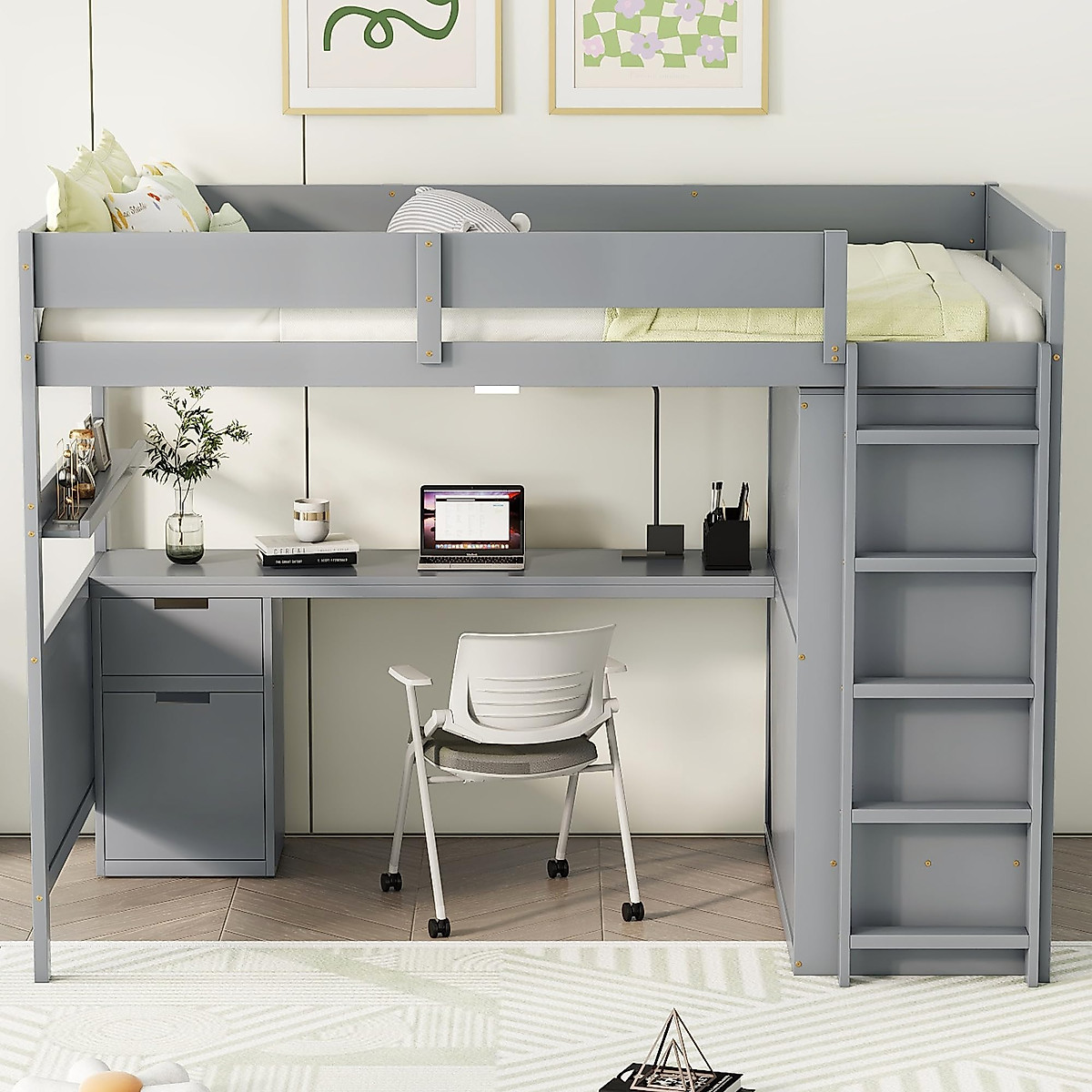 Full Size Loft Bed with Desk, Wardrobe and Drawers, Wood Full Storage Bed Frame with Cabinet and Shelves for Kids Teens Adults, No Box Spring Needed, Easy Assembly (Gray)