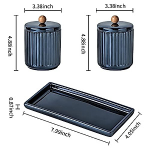 Redelaenor Qtip Holder Bathroom Set with Tray(3PCS) - 2 Piece 12 oz Blue Apothecary Jar Canister with Lid and 1 Pack Ceramic Vanity Tray