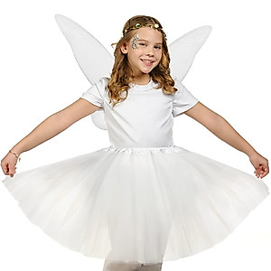 Funcredible Fairy Costume Accessories - White Fairy Wings and Flower Crown, Glitter - Tooth Fairy Cosplay Outfit for Women and Girls