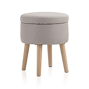 ALPHA HOME Round Storage Ottoman with Removable Lid Tufted Vanity Dressing Chair Line Fabric Shoe Change Footrest Stool Side Table Seat Tray Top Coffee Table with Solid Wooden Legs,Beige
