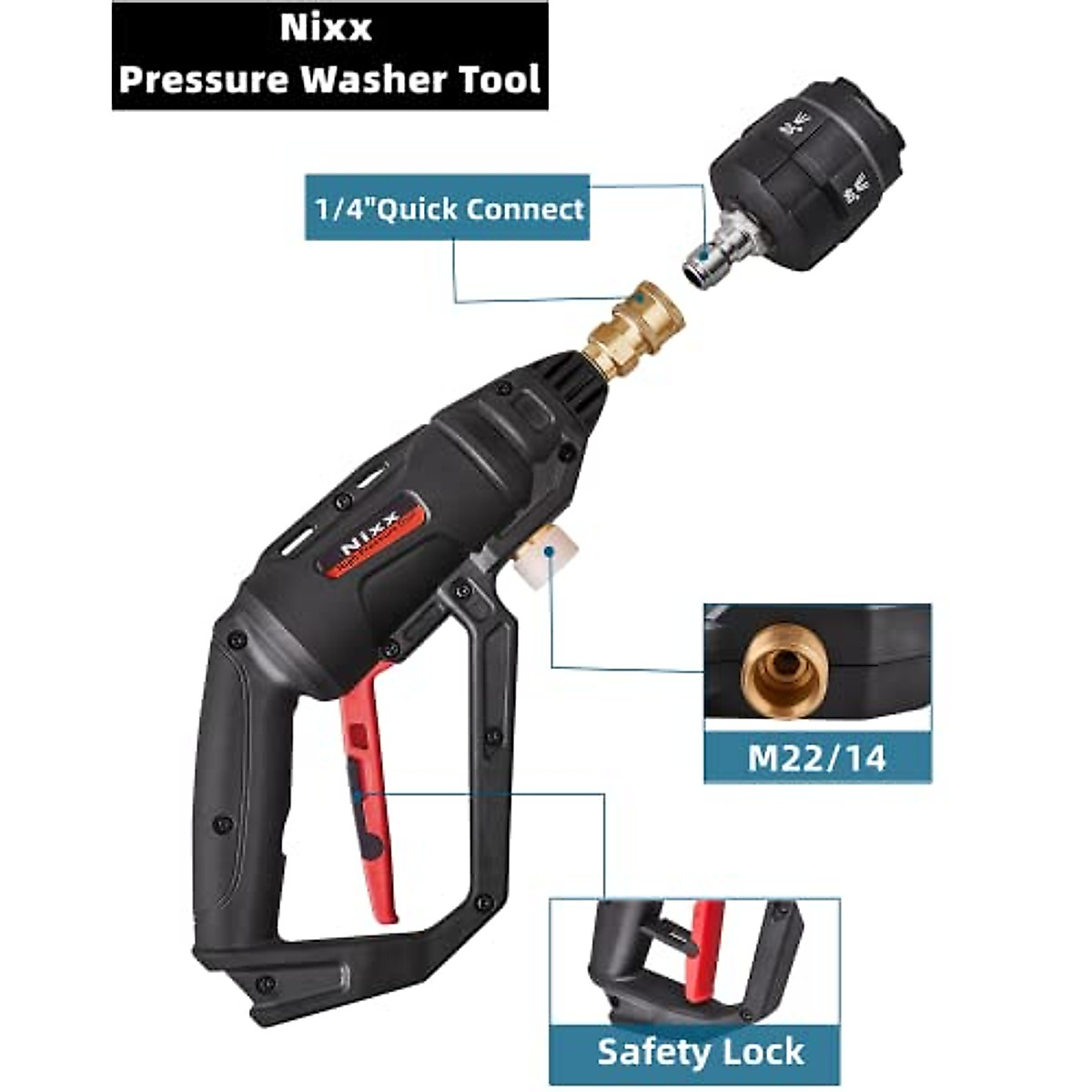 Short Wand Pressure Washer Gun Connect M22/14 Hose With 5-In-1 High Pressure Spray Nozzle，1/4 Inch Quick Connector For Power Car Wash Accessories Kit