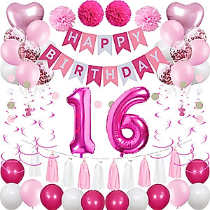 Sweet 16th Birthday Decorations for Girls, Pink and White 16 Happy Birthday Balloons，16th Birthday Party Supplies for Her Daughter Kids Including Pink Happy Birthday Banner, Hot Pink Number 16 Foil Balloons