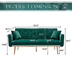 Convertible Velvet Futon Sofa Bed, Upholstered Loveseat Sleeper Couch with 3 Reclining Angles and 2 Pillows, Modern Living Room Sofa Couch with 5 Solid Metal Legs for Guest Room, Office, Emerald